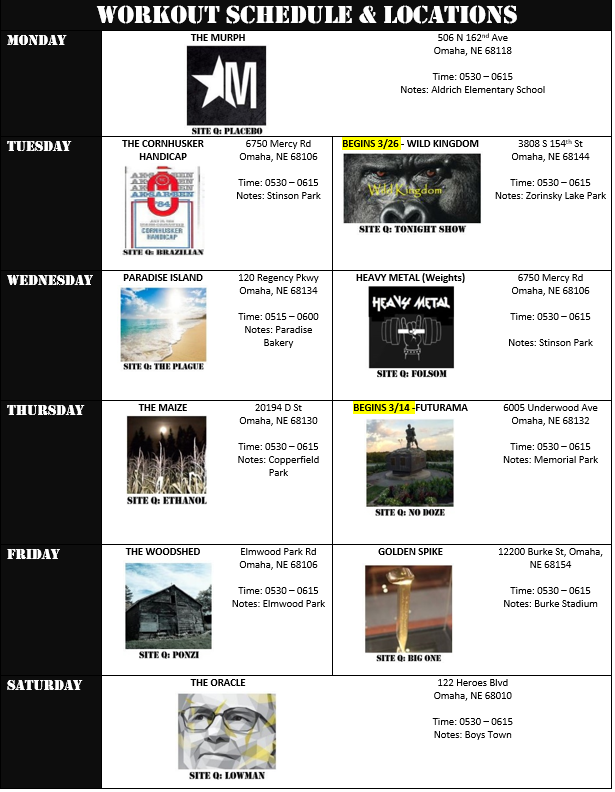 Workout Locations and Times - F3 OMAHA